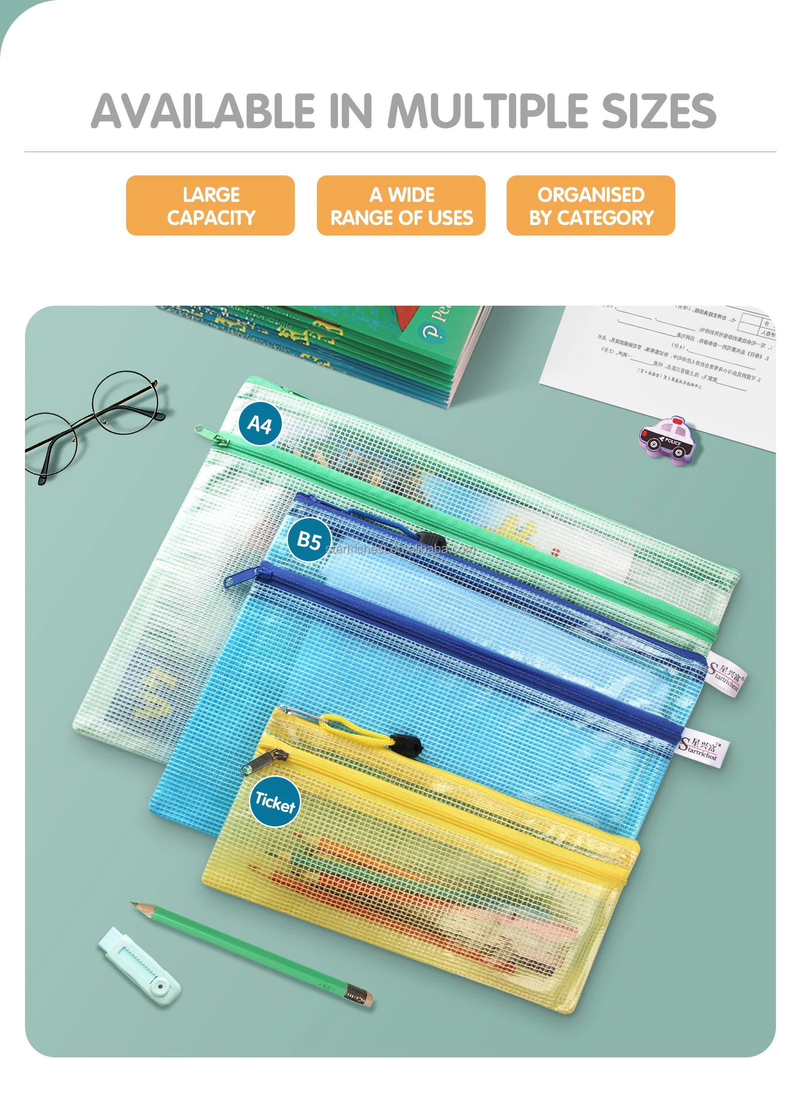 Double Zipper Document Bag PVC A4 Nylon Mesh Waterproof Plastic File ...