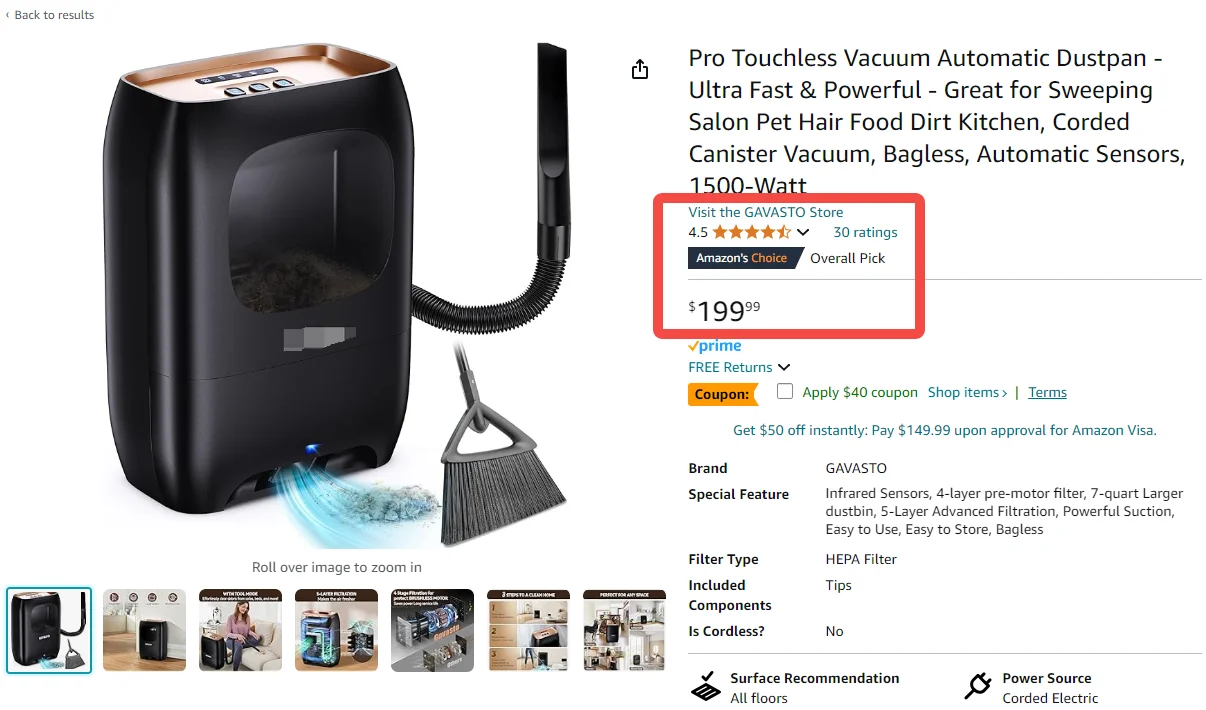 Touchless Stationary Vacuum Cleaner - 7L Dust Capacity