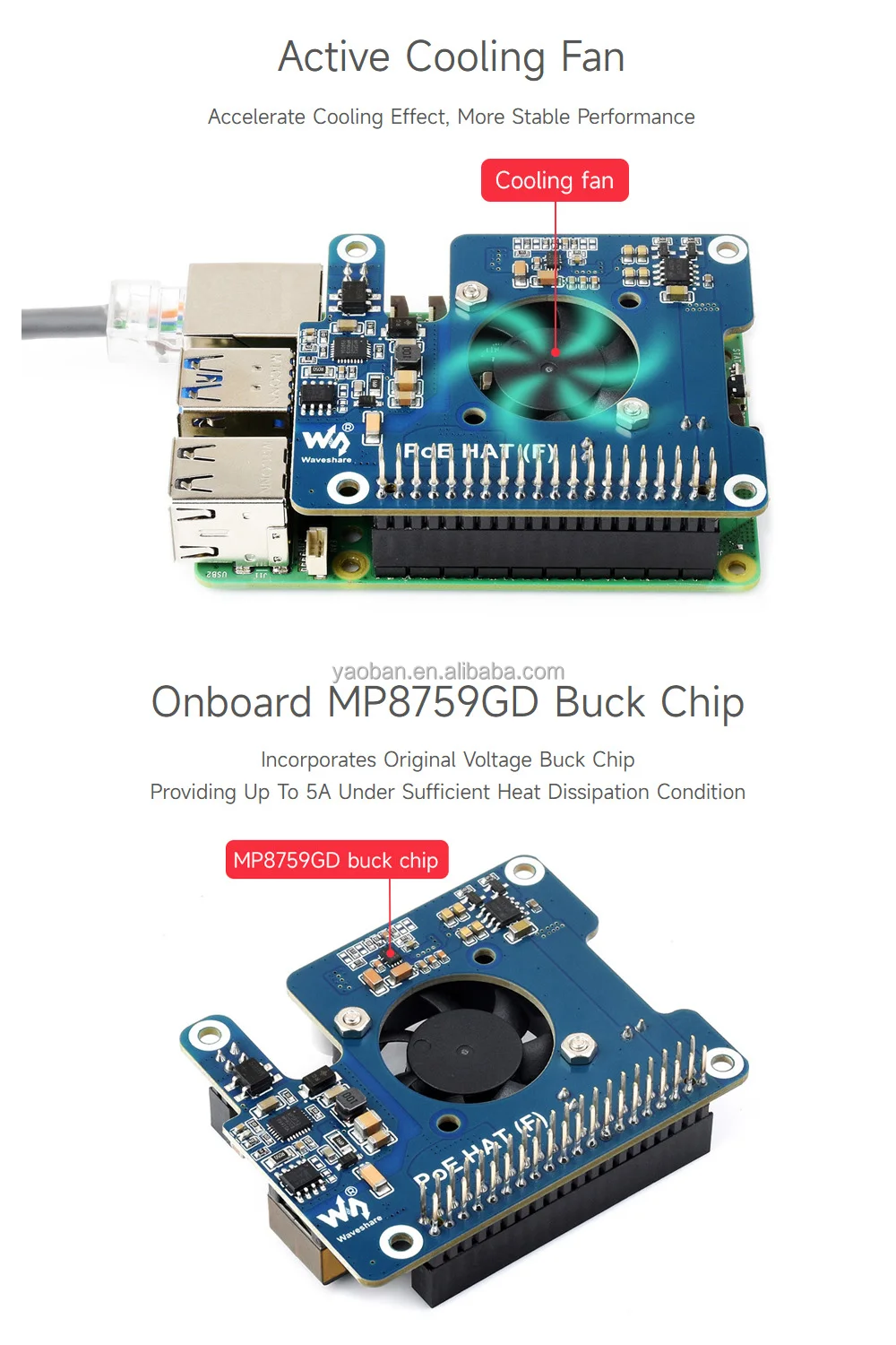 Waveshare Power Over Ethernet Hat (f) For Raspberry Pi 5,High Power,Onboard Cooling Fan,With ...