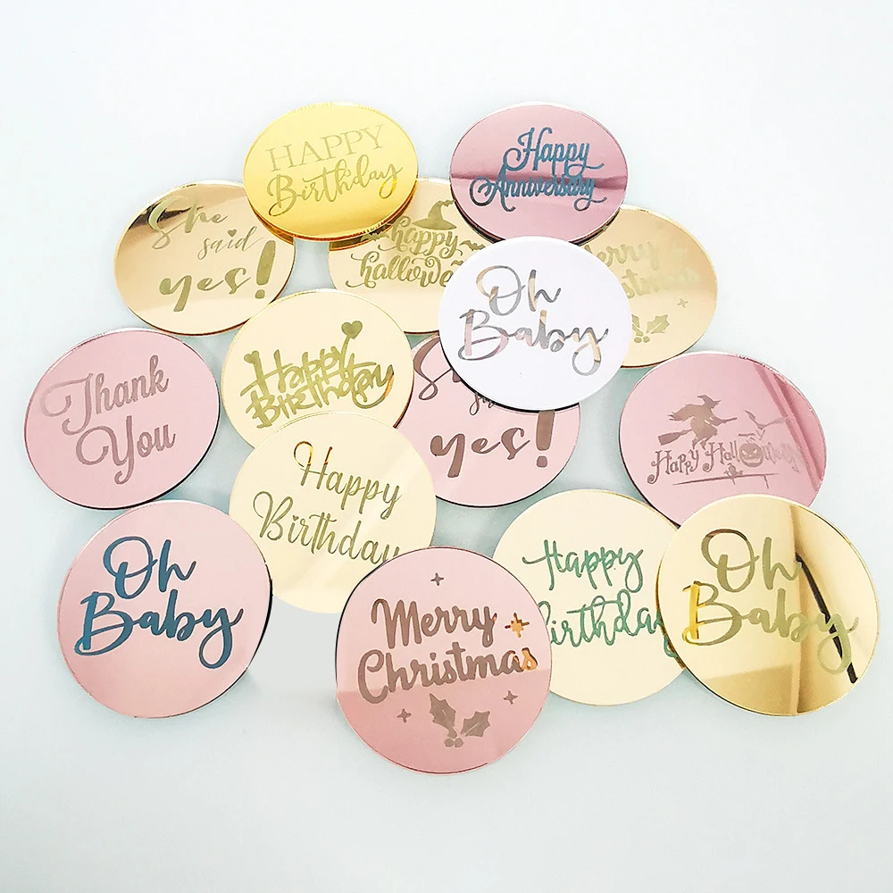 Mirrored Acrylic Happy Birthday Disc Mini 5pcs Cupcake Topper For ...