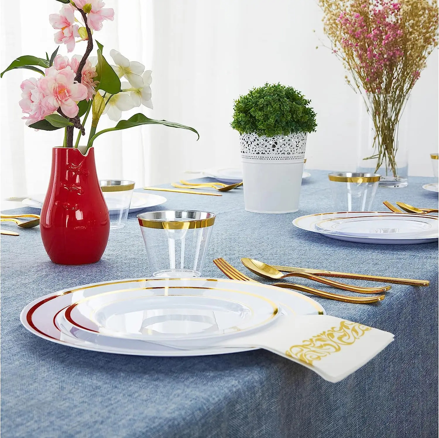 175 Pieces Elegant Trimmed Disposable Plastic Dinnerware Sets Tableware ...