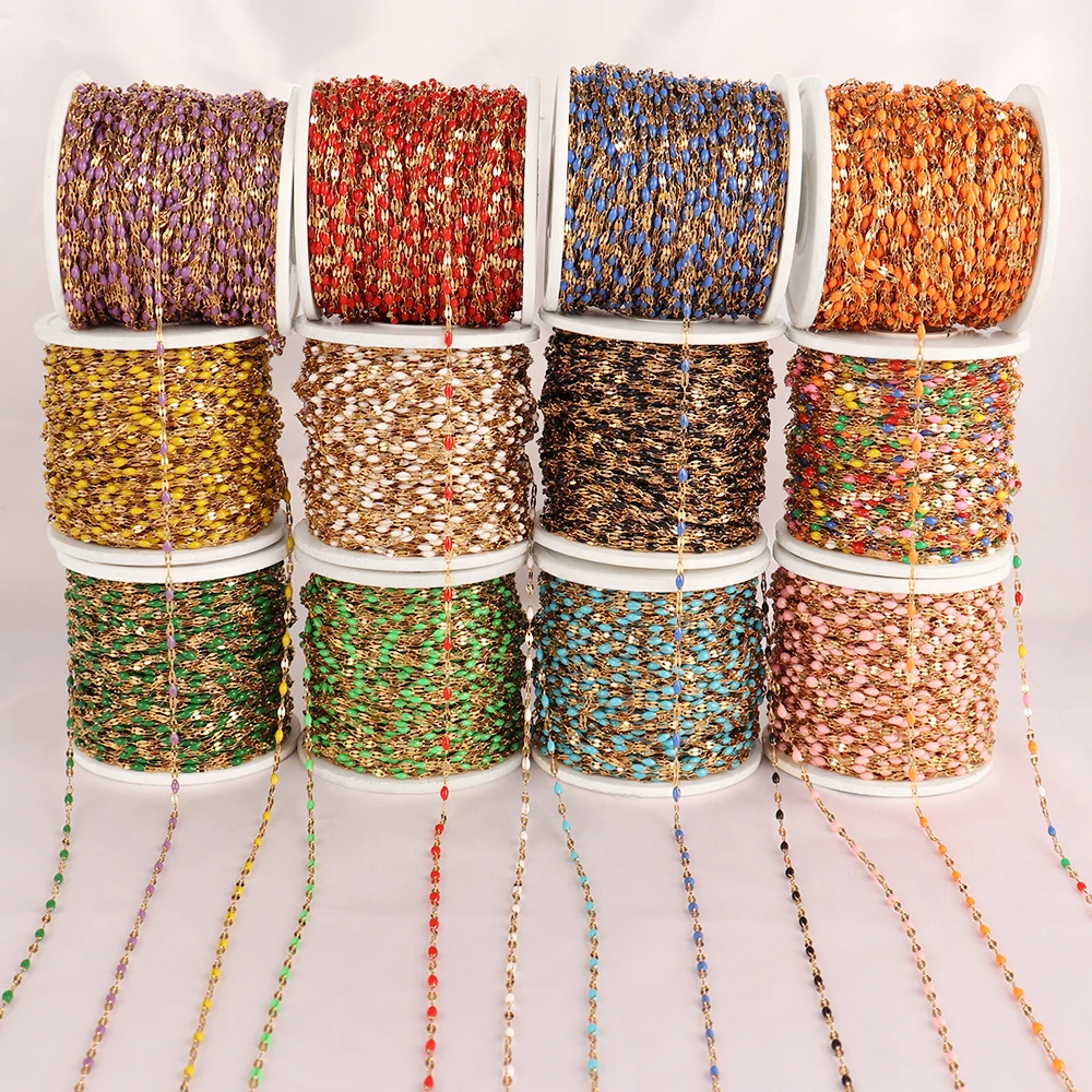 1 Meter Enamel Bead Chain Roll - 14K Gold Plated Stainless Steel