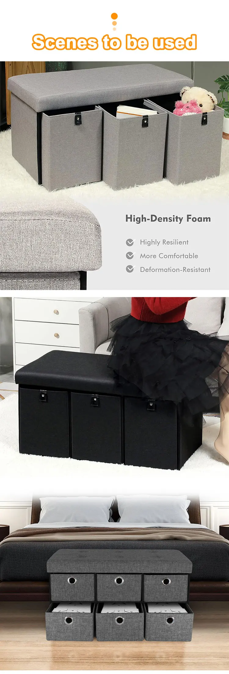 Luxury Space Saving Living Room Folding Ottoman Storage Footrest Stool ...