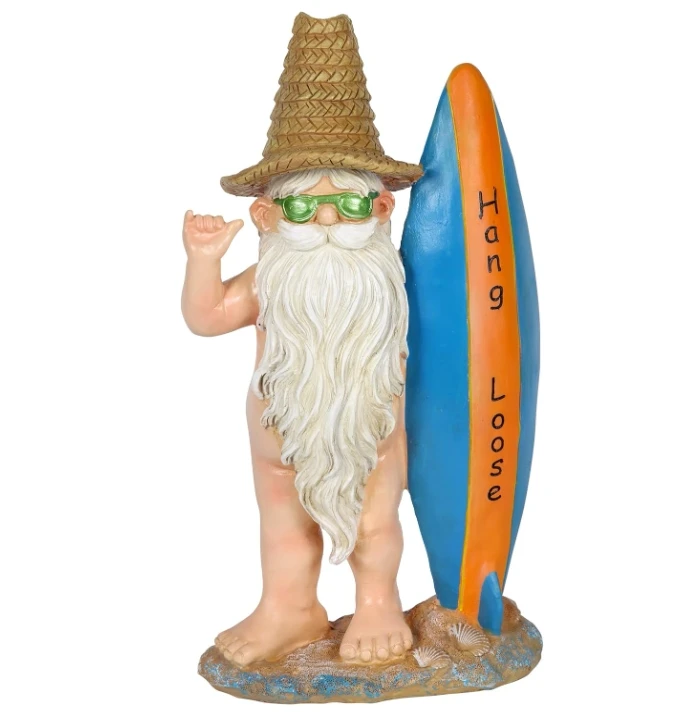 Resin, nude surfer Dwarf garden statue. Outdoor lawn and yard decor ...