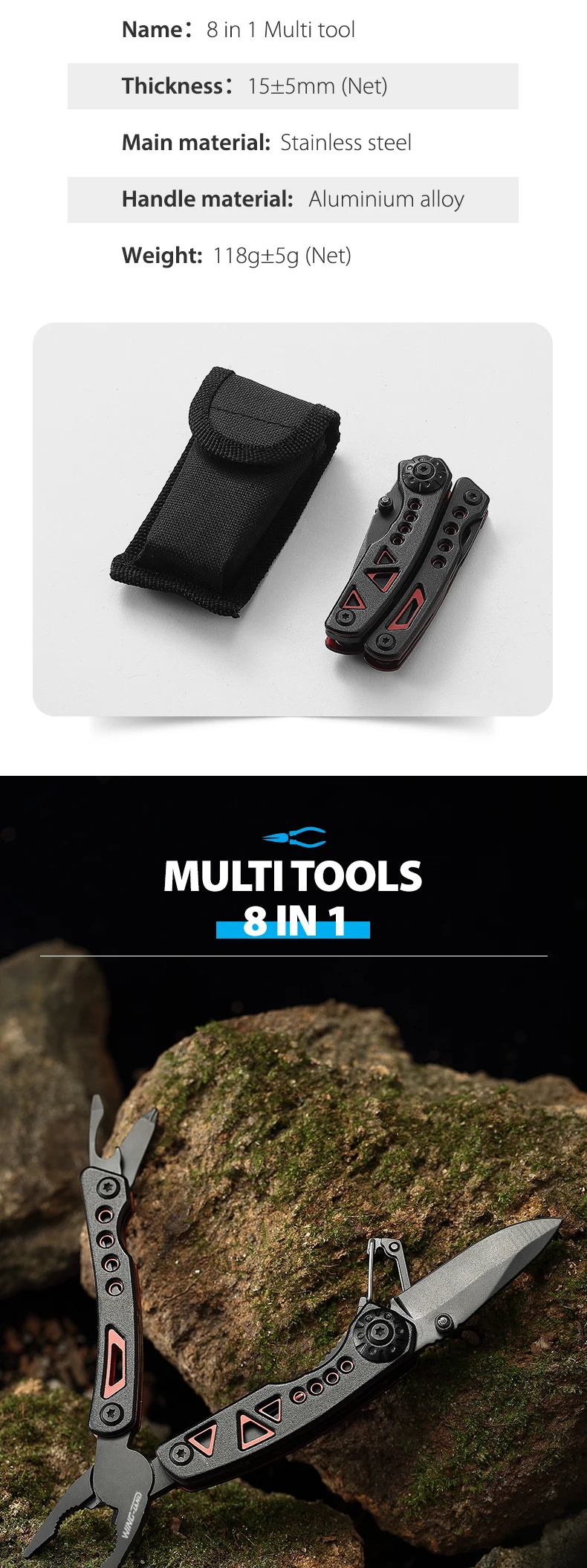 8in1 Black Tactical Multi Tool Multifunctional Tool Fold Pocket Knives ...