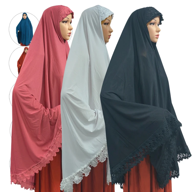 Pure Black White Color XL Prayer Hijab Muslim Women Girls Lace Long ...