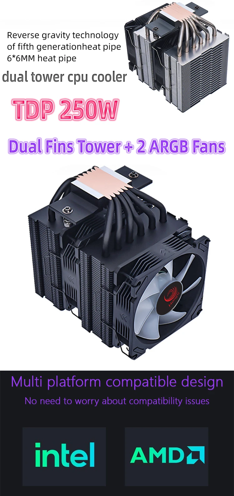Cpu Cooler Dual Tower Pwm Fans With 92mm Argb Fan 6 Heatpipes Processor ...