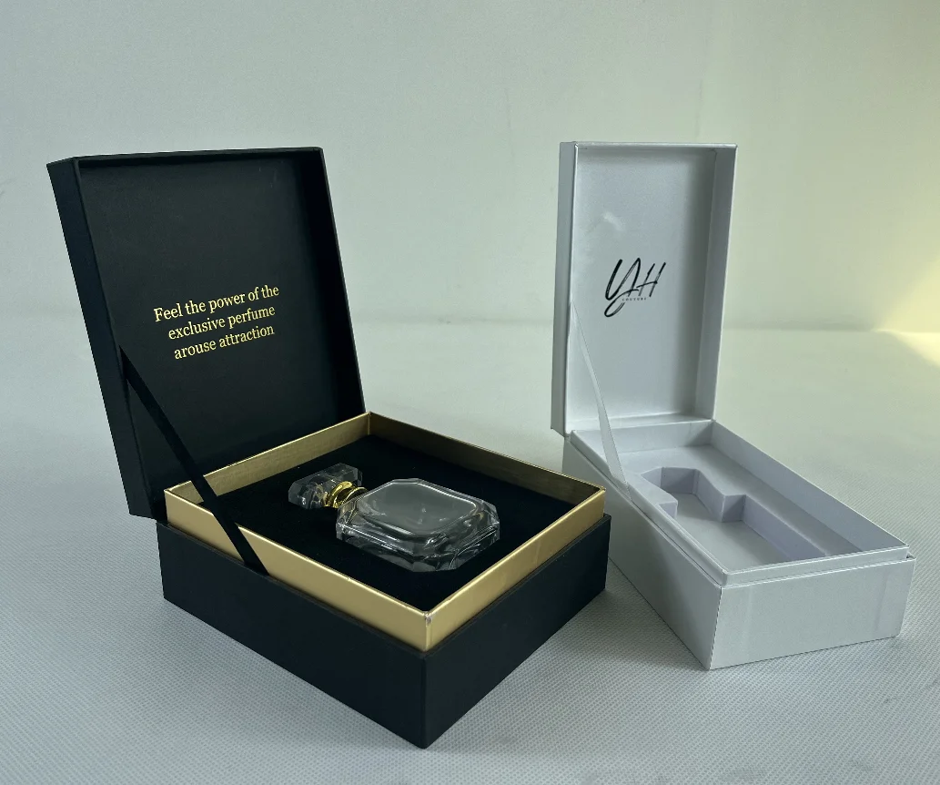 Custom Luxury Black Paper Gift Boxes Gold Foil Print Empty Bottle Attar ...