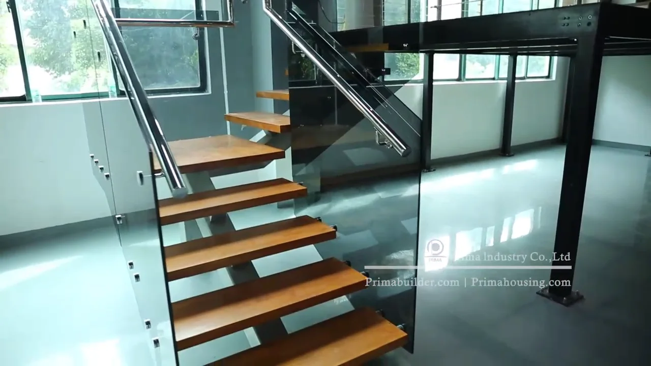 Modern Style Central Beam Wood Stair With Standing Glass Wall Railing ...