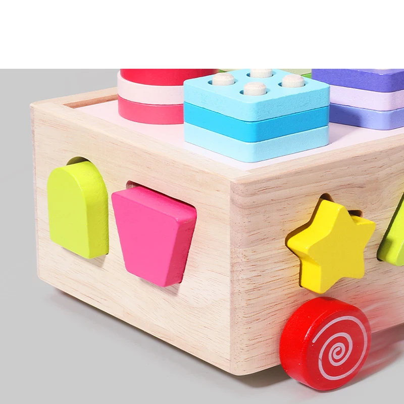 Montessori Shape Sorter Toys Wooden Pull Along Car Shape Matching ...