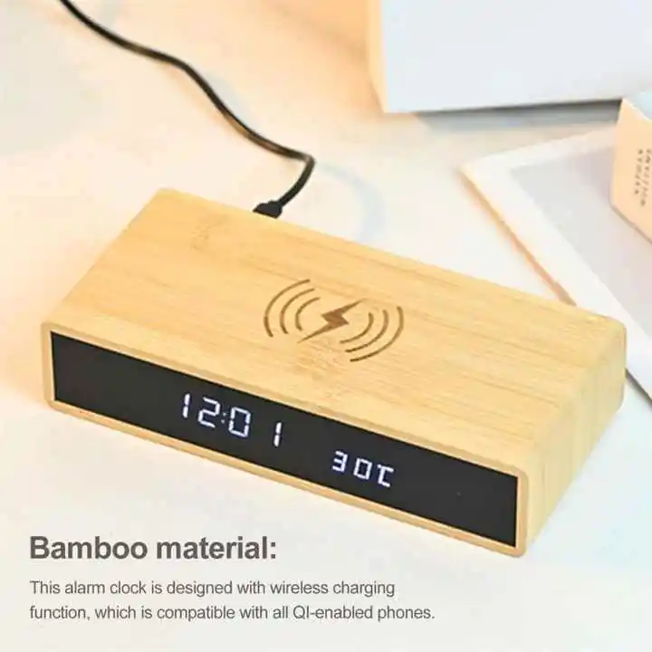 Bamboo Clock 10W Mobile Phone Wireless Charging Alarm Clock Digital ...