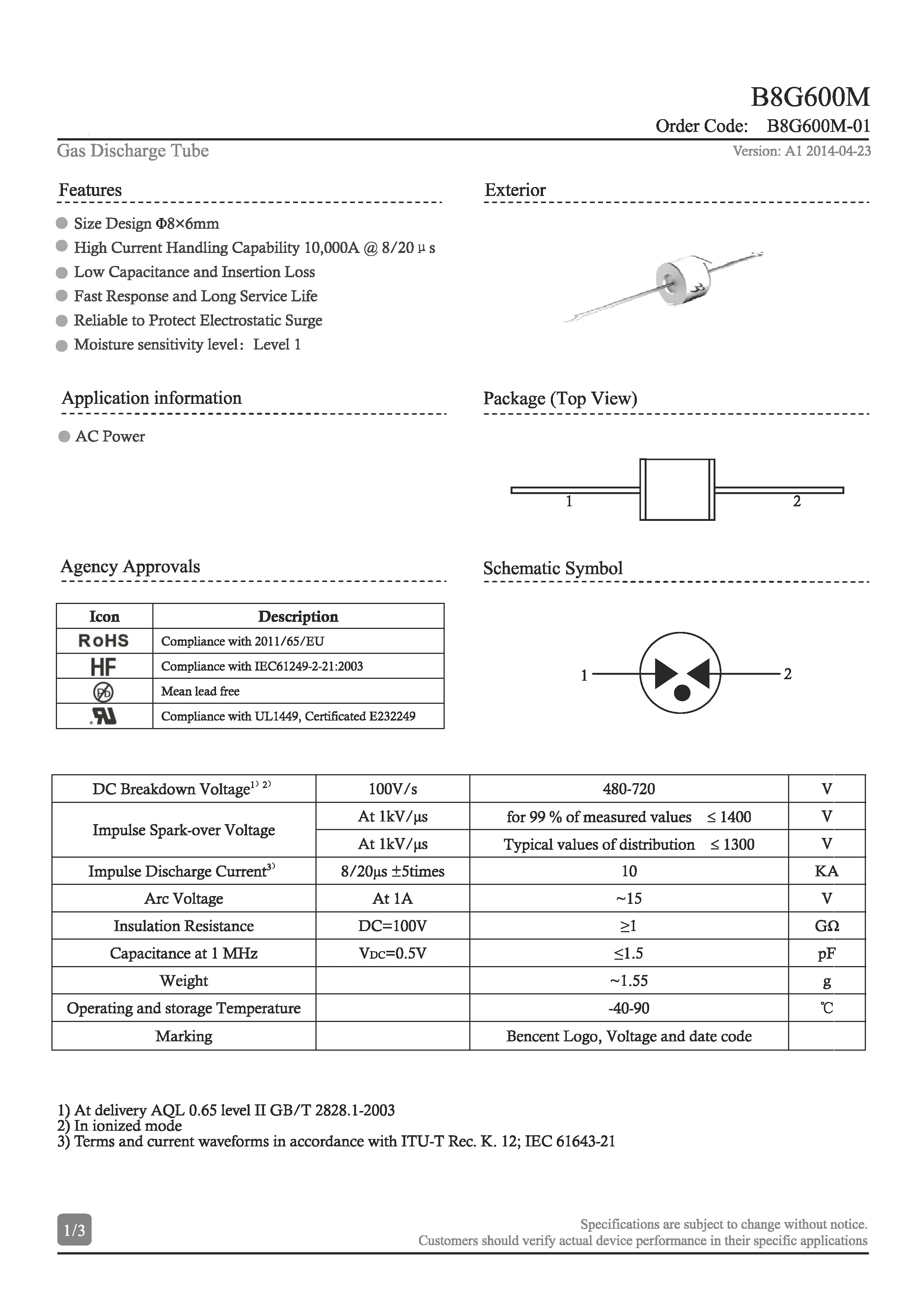 Gdt Gas Discharge Tube B8g600m Dip High Current Handling Capability ...