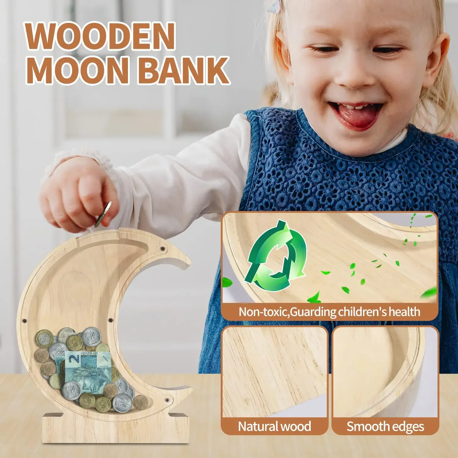 Large Cute Personalizend Wooden Coin Bank Money Saving Bank Moon Piggy ...