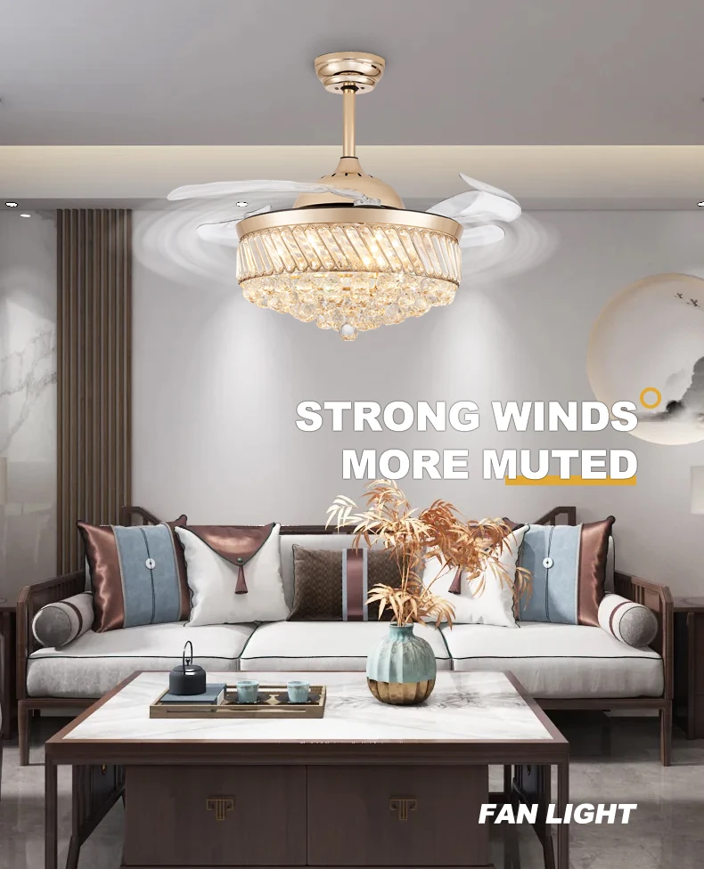 Modern Luxury Golden LED Chandelier 60W Crystal Ceiling Fan Light for ...