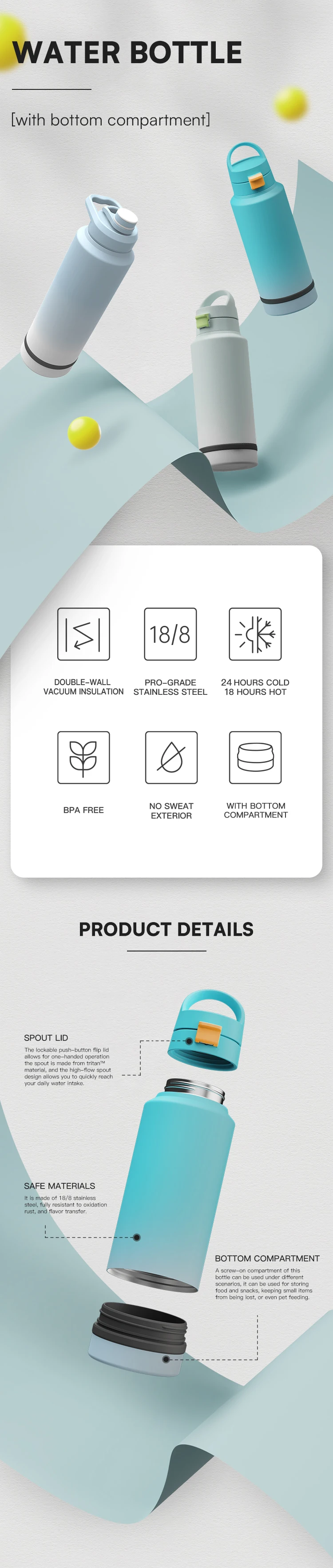 40oz Stylish Double Wide Mouth Water Bottle Leak-Proof and Vacuum ...