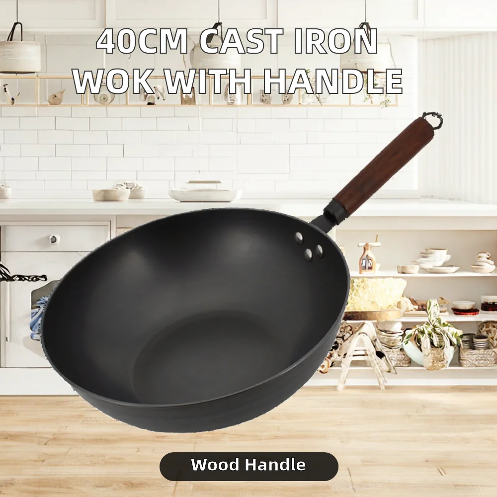 40cm Cast Iron Wok With Wood Handle For Gas & Induction Cooking