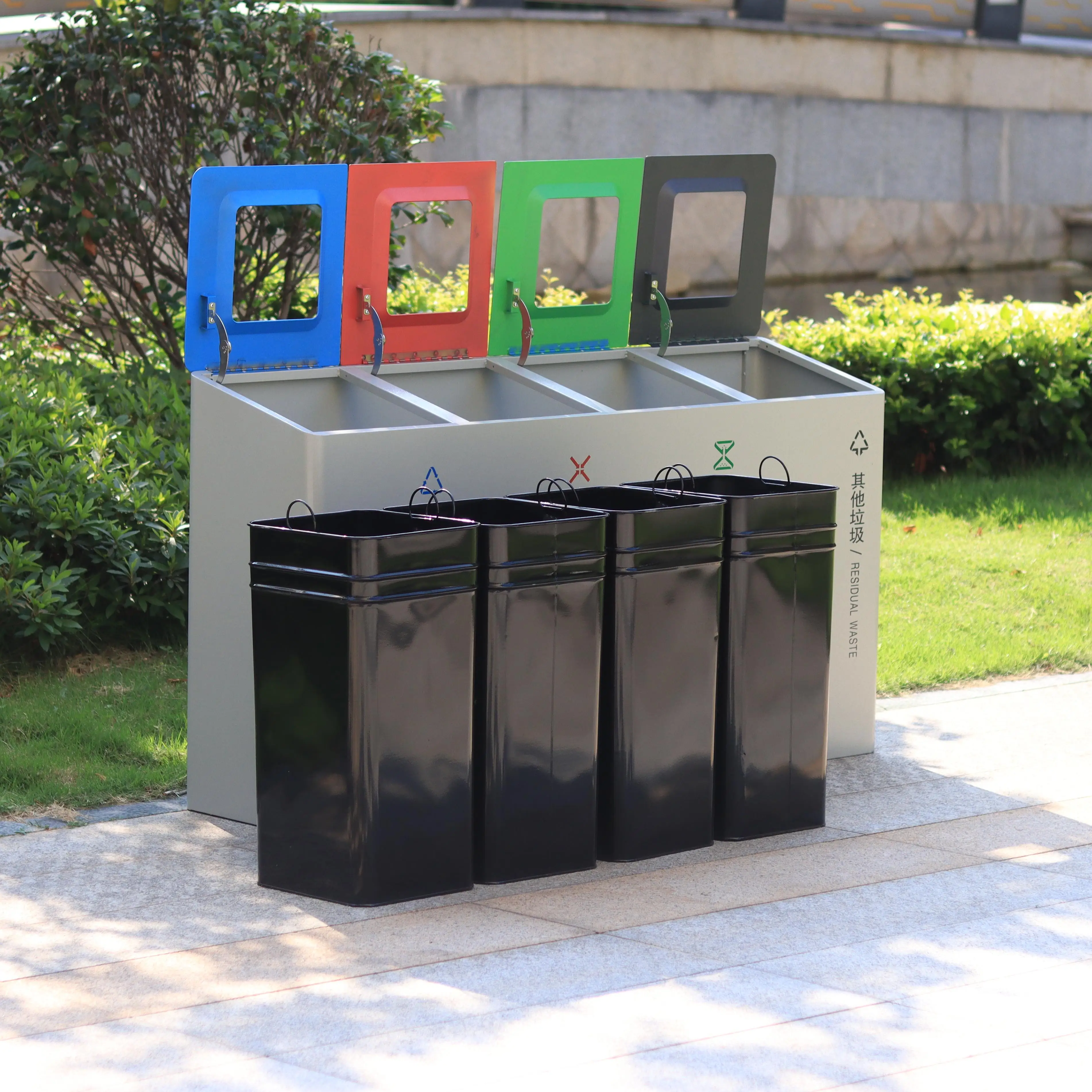 4 Compartment Galvanized Steel Outdoor Recycling Bin Station with ...