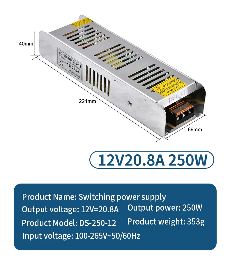 250w Led Driver 12V/24V 60W 100W 200W 300W 400W SMPS LED Slim Switching ...