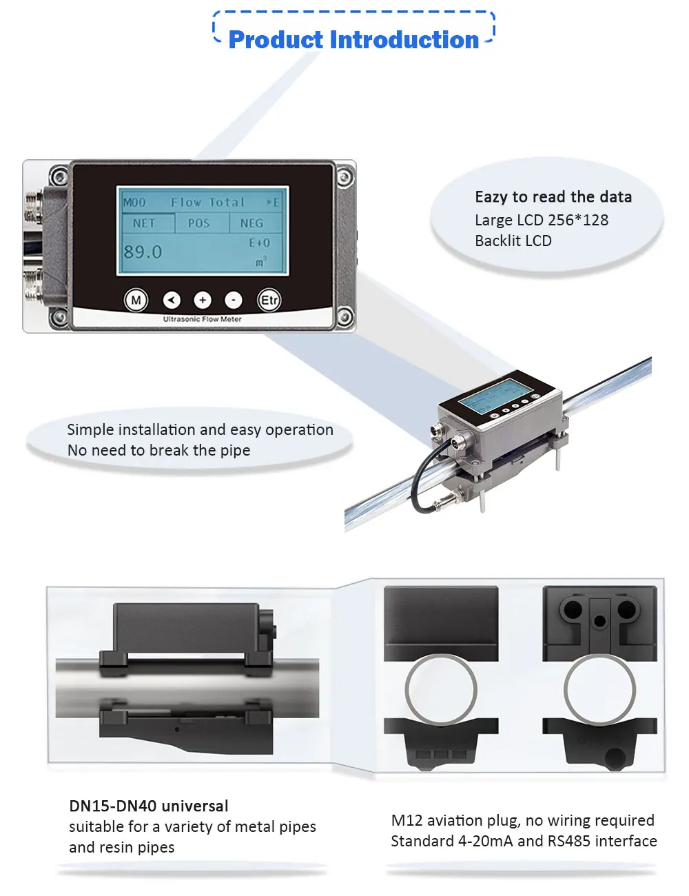 Small Pipe Rs485 Modbus Rtu Ultrasonic Water Transducer Flow Meter 1''ultrasonic Water Flow ...