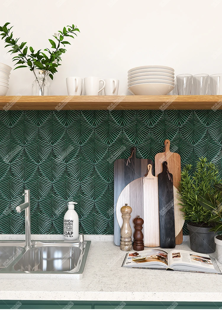 Modern 3D Crackle Glazed Green Ceramic Mosaic Tiles & Kitchen ...