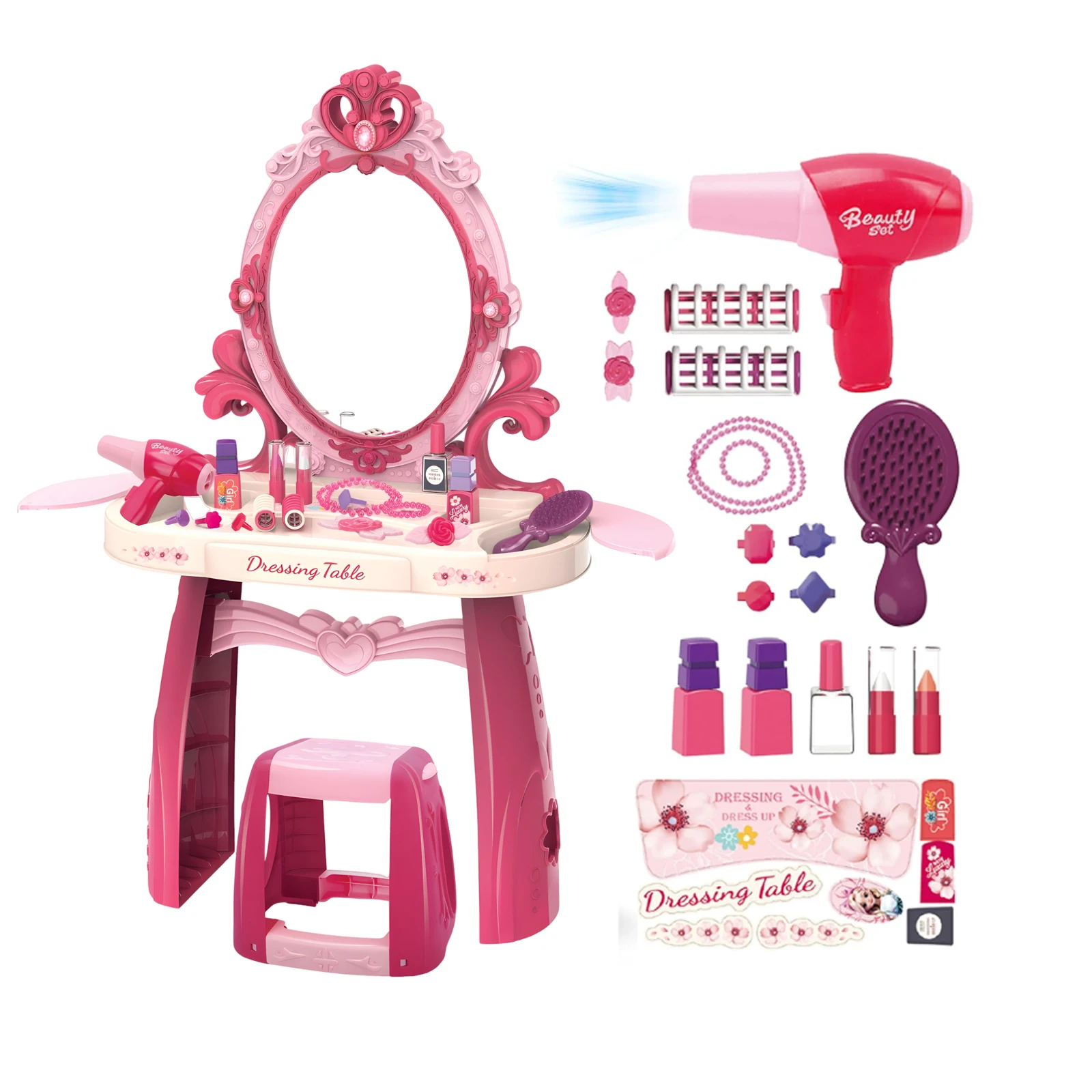Toddler Vanity Makeup Table With Light And Music Mirror And Chair ...
