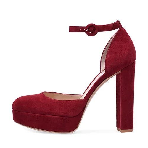 Women Platform Heels Red High Heel Pumps Round Toe Chunky Heel Ankle ...