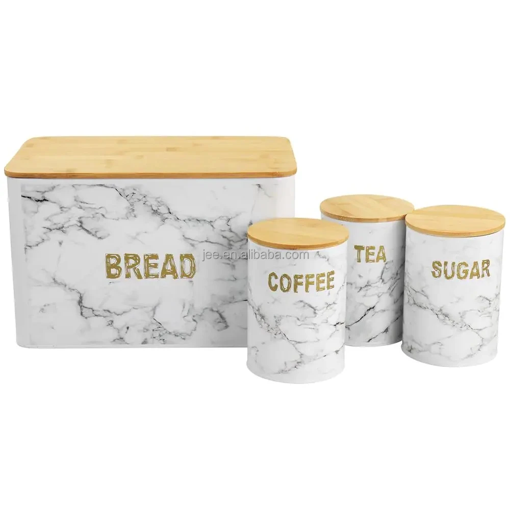 White Bread Box And Canister Set For Kitchen Metal Bread Bin Sugar Tea ...