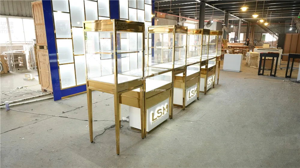 Custom Gold Jewellery Display Cabinet Showcase Design Trendy Lockable ...