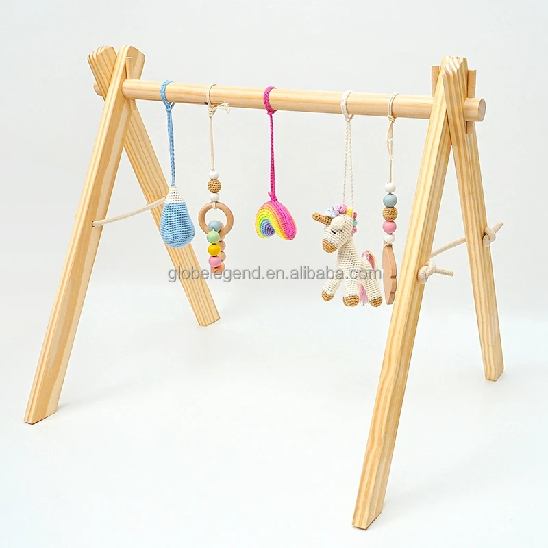 Wooden Foldable Baby Play Gym Frame Activity Mat Gym With 3 Wooden Baby ...