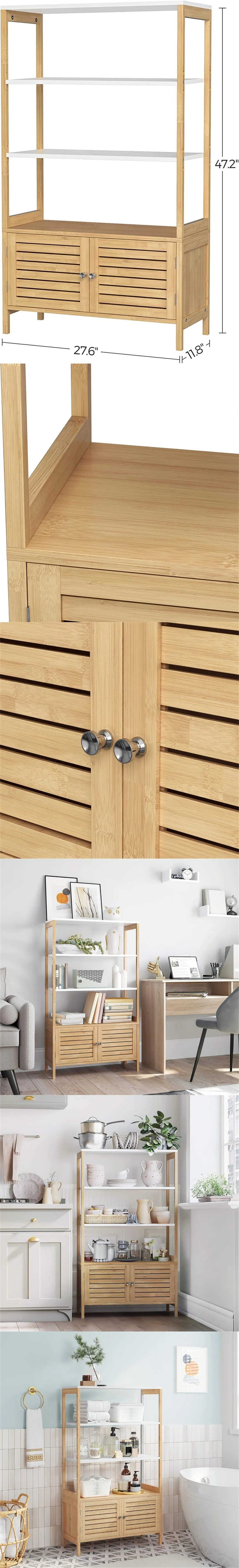 Bamboo Free-standing Bathroom Storage Cabinet With 3 Shelves And Double ...