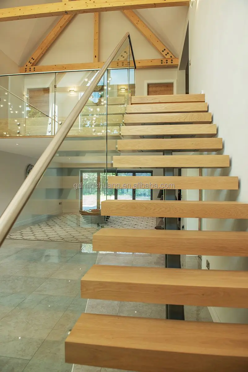 Modern Red Oak Wooden Timber Staircase - Floating Straight Stairs