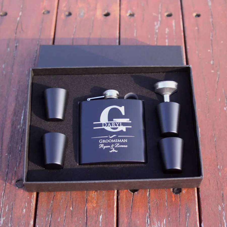 Personalized Matte Black 6 Oz Stainless Steel Hip Flask Set-custom ...