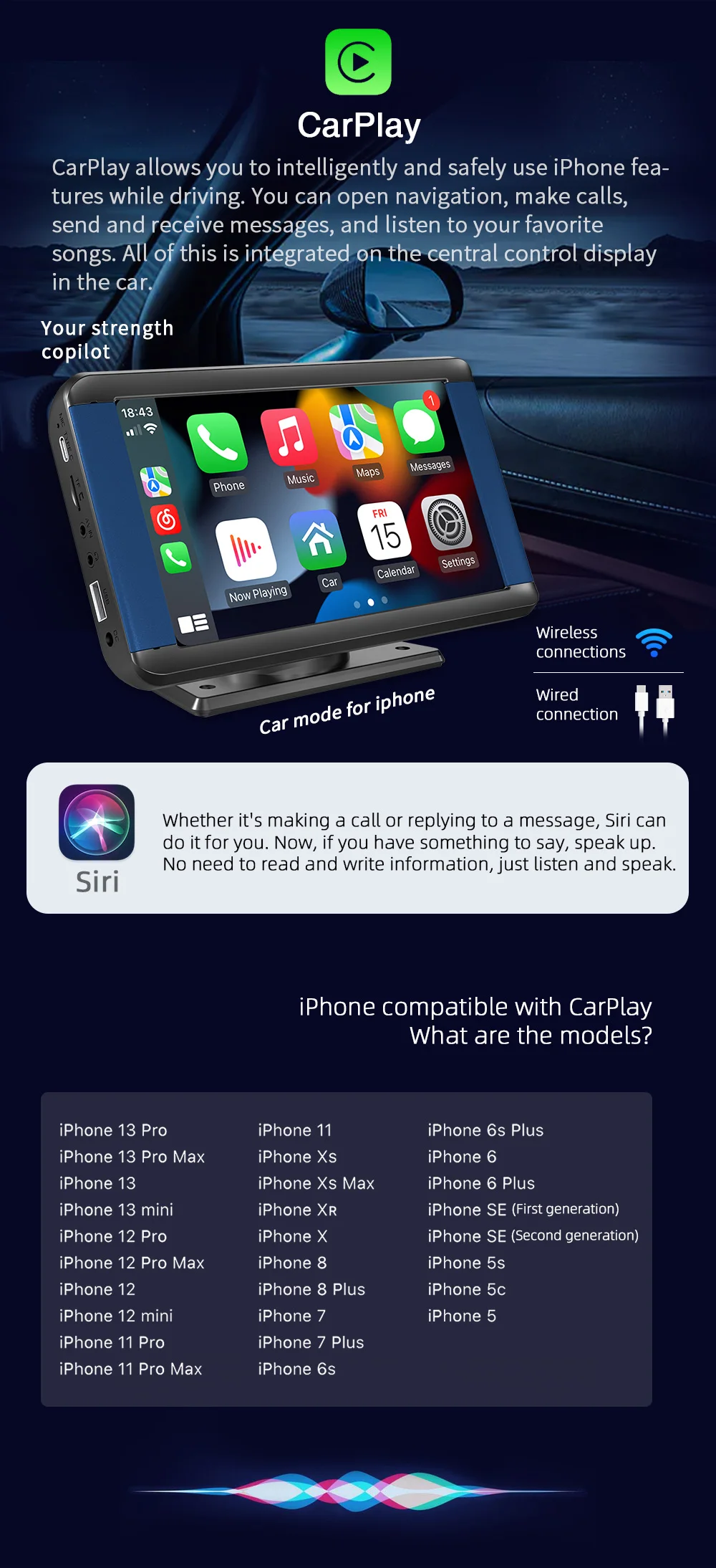 Wireless Carplay - Portable Android Auto Car Stereo Player