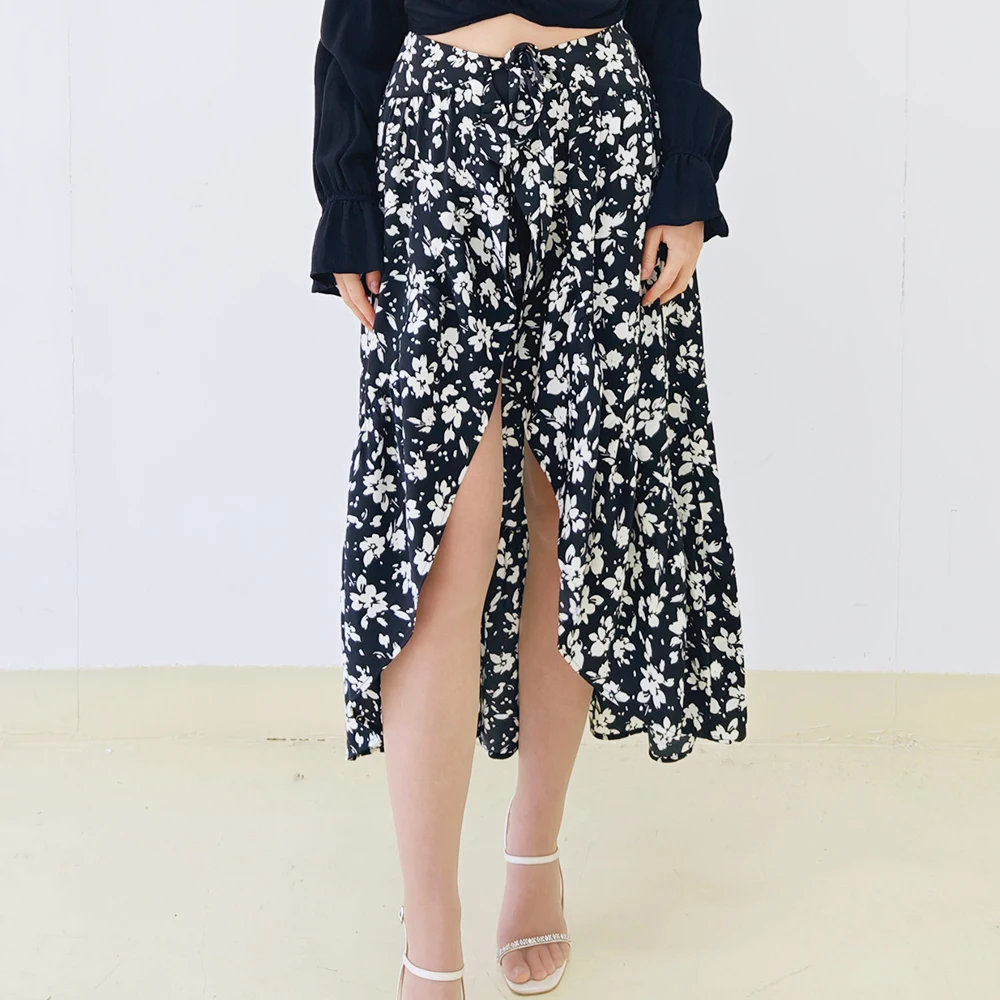 2024 Design Plus Size Casual Slit Maxi Skirts Black Long Split Pacific