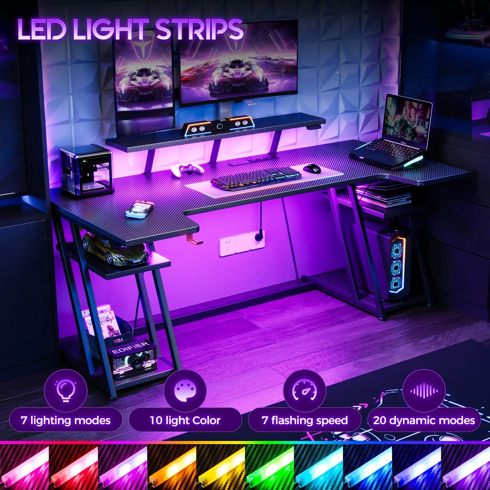 Modern Z Shaped Computer Desk with Power Socket RGB LED Light Home ...