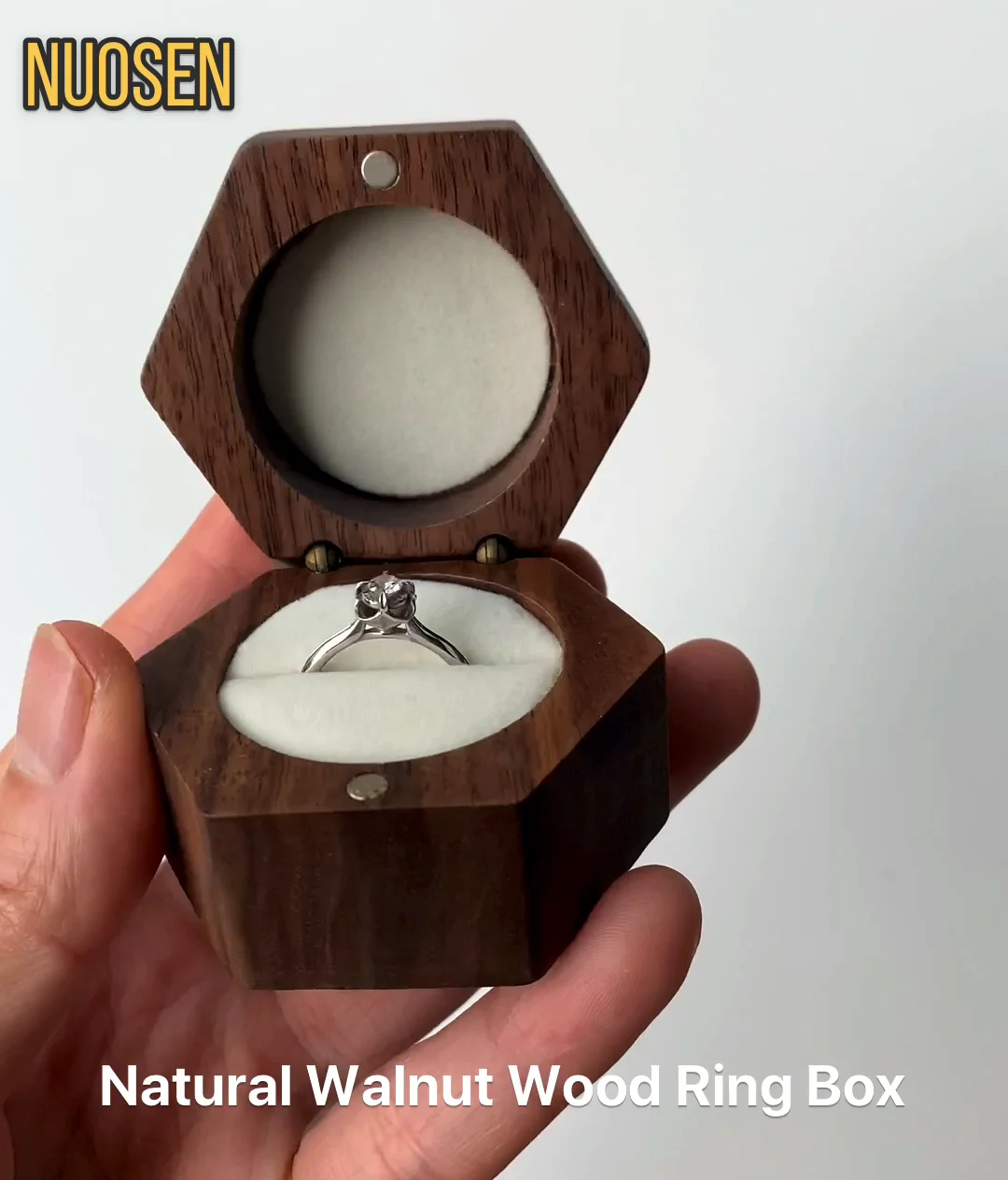 Hexagon Shape Black Velvet Insert Luxury Natrual Walnut Wood Wedding ...