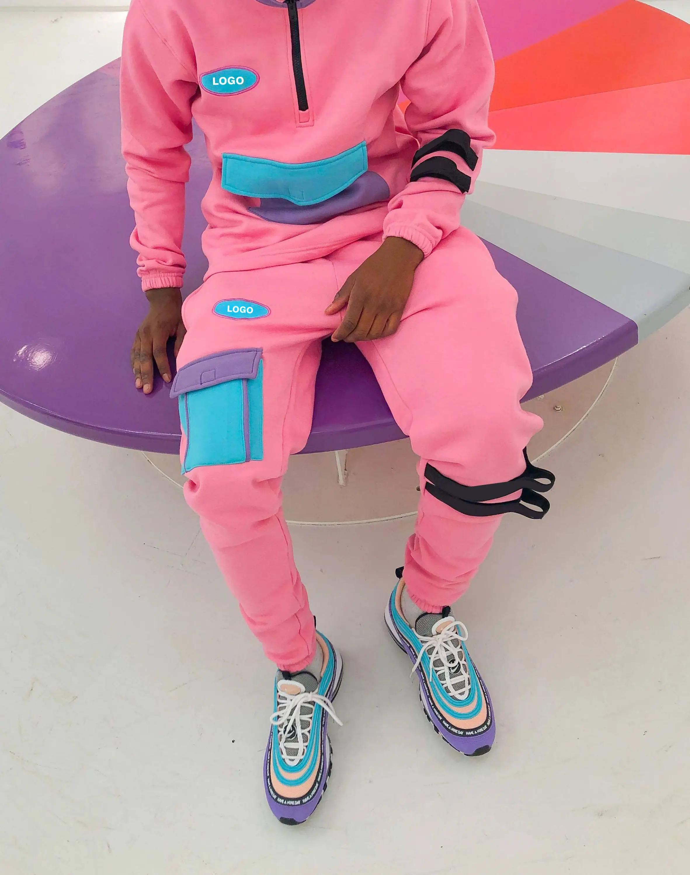 Custom 2 Piece Half Zip Reflective Words Oversized Tracksuit