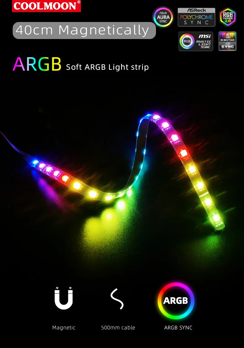Coolmoon Cost-effective Computer Case Argb Led Strip 5v 3pin 40cm Soft ...