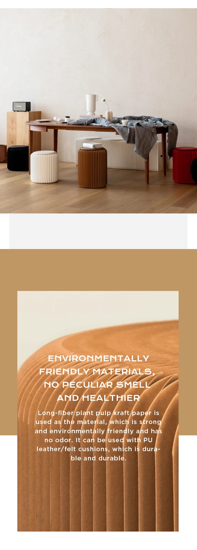 Ihpaper Foldable Cardboard Ottoman Stool with Faux Leather Pad - OEM