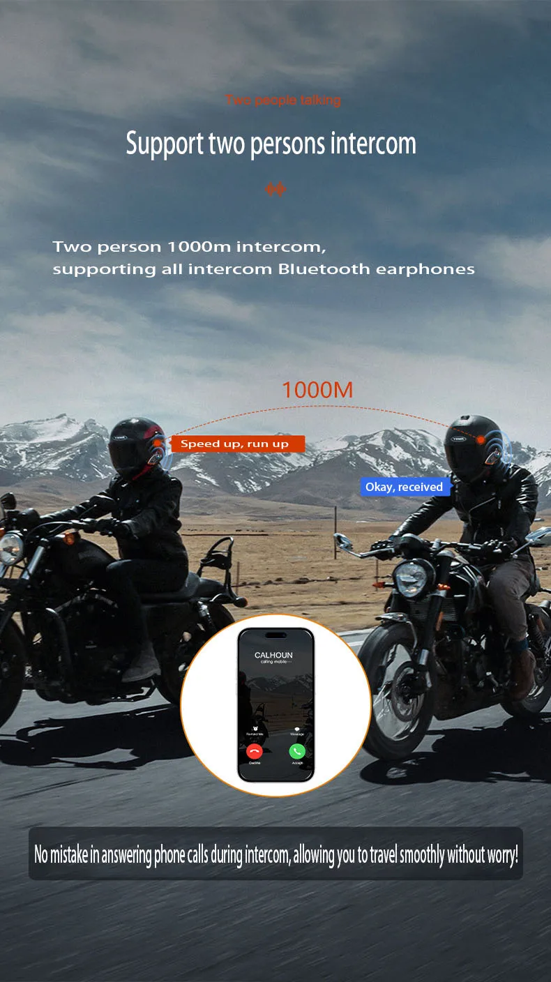 Over 1000meters Distance Duplex Intercom Motorcycle Intercom for Helmet ...