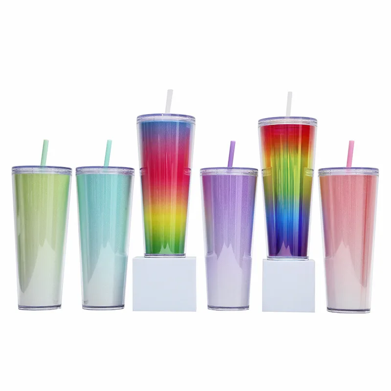 16oz 24oz Double Walled Clear Acrylic Plastic Insulated Colored Cold ...
