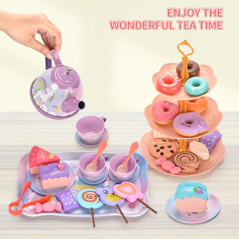 Little Girls Gift Pretend Kids Toy Tin Tea Set With Food And Carrying ...