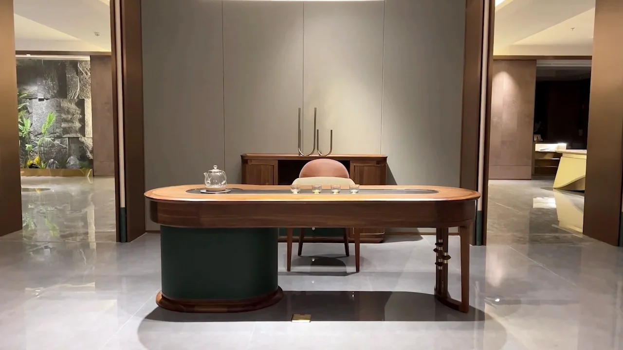 Wooden Reception Desk Long Square Tea Table Set Walnut Color Coffee ...