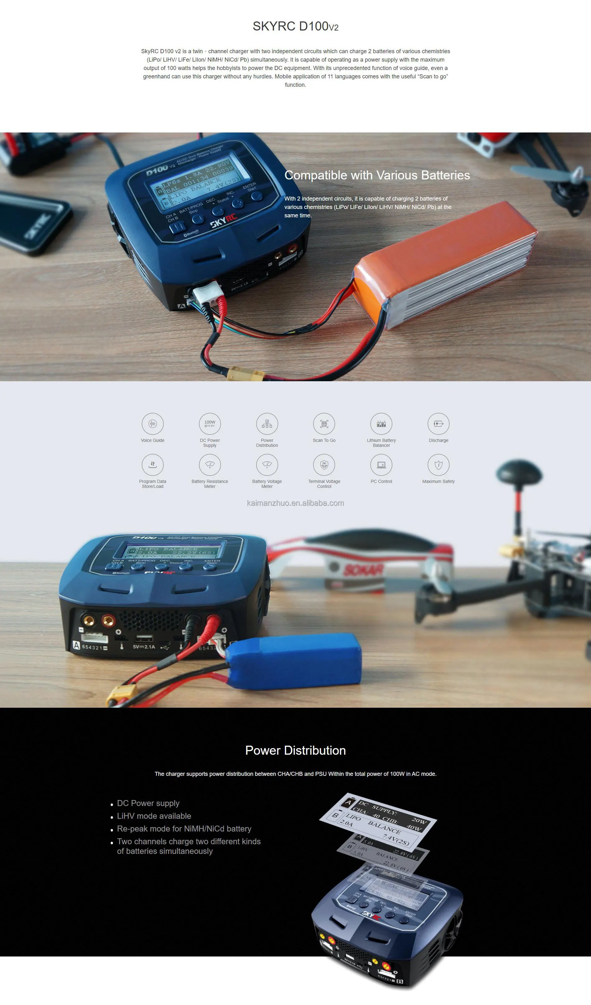 SKYRC D100V2 Dual 100W DC Power Supply Charger AC DC Lipo Battery ...