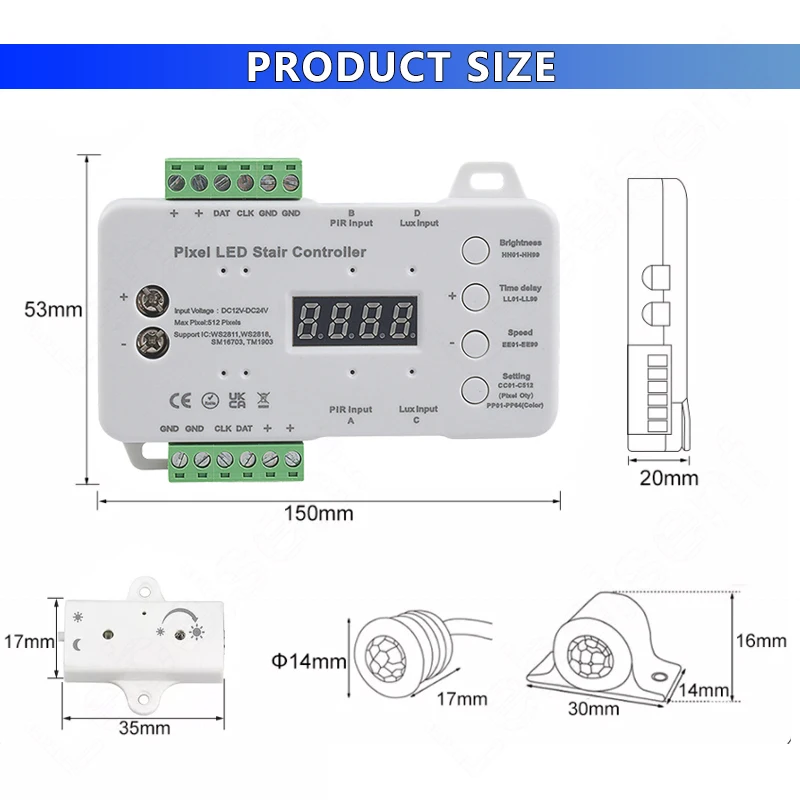 512 Pixel Led Stair Lighting Controller Dc12v Dc24v & Pir Motion Sensor ...