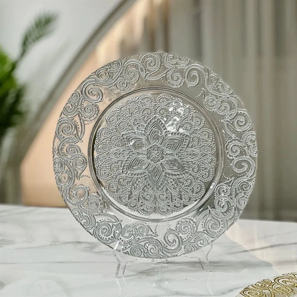 Yunzhifan Restaurant Used Wedding Glass Dinner Plate Dishes Embroidery Flower Pattern 13 Inch ...