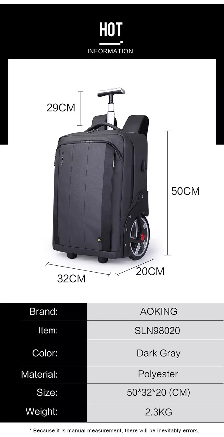 Aoking 50l Usb Men Business Travel Wheeled Backpack Trolley Wheel Rolling Backpack Luggage With ...