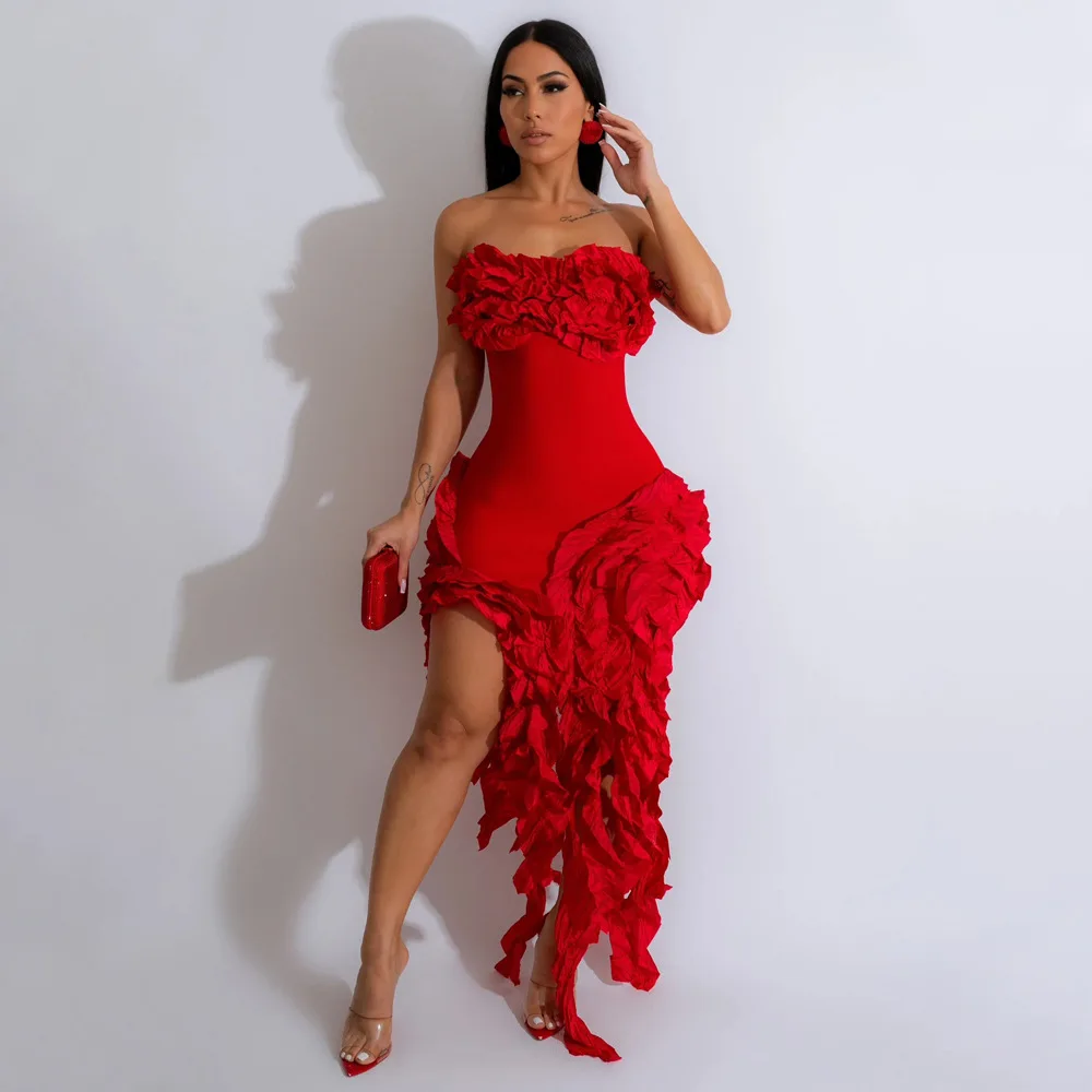 2024 Summer Tube Top High Slit Sexy Dresses Evening Dress Fashion Irregular Tassel Solid Color