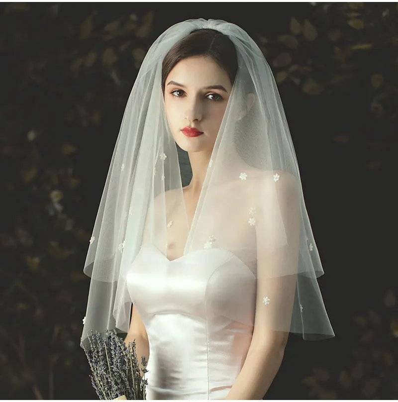 V701 Elegant Wedding Bridal White Short Veil 2-layer Tulle Appliqued ...