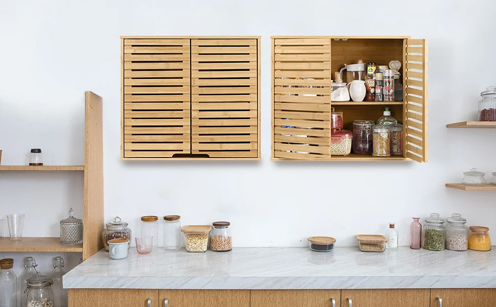 Wooden Crafts Custom Adjustable Shelves Bathroom Wall Bamboo Double ...